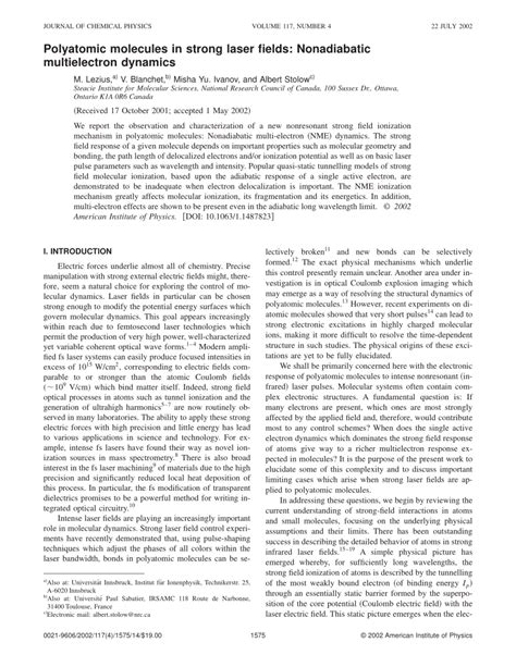 Pdf Polyatomic Molecules In Strong Laser Fields Nonadiabatic Multielectron Dynamics