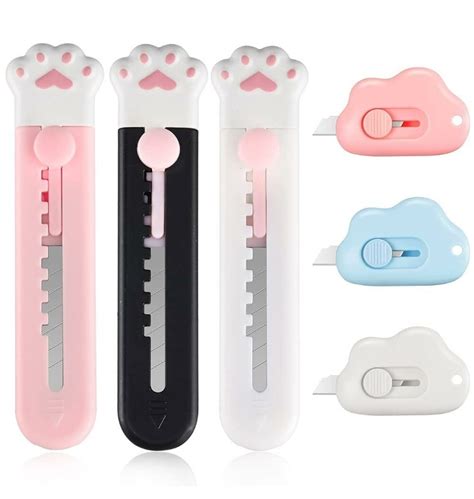 Lanties 6 Pcs 미니 개폐식 유틸리티 나이프 박스 커터 귀여운 구름 고양이 발톱 모양의 박스 커터 티몬