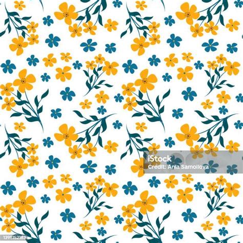 트렌디 한 이음새가 없는 벡터 꽃무늬 작은 노란색과 파란색 꽃의 끝없는 인쇄 여름과 봄 동기 흰색 배경 스톡 벡터 일러스트 레이 션 가능성에 대한 스톡 벡터 아트 및 기타