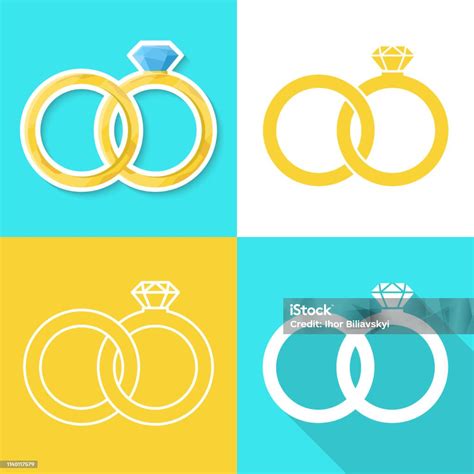 파란색 배경에 고립 된 결혼 반지 샤이니 다이아몬드가 세팅된 골든 링 현실적인 스티커입니다 심플하고 귀여운 디자인 아이콘 또는 로고 평면 스타일 벡터 일러스트입니다 결혼식에