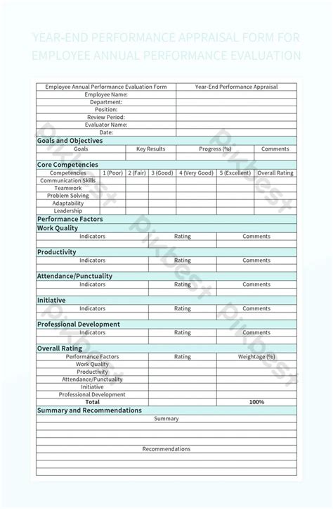 เทมเพลต Excel แบบประเมินผลการปฏิบัติงานสิ้นปี ดาวน์โหลดฟรี Pikbest