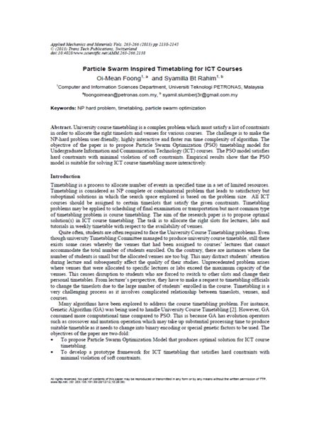 Pdf Particle Swarm Inspired Timetabling For Ict Courses