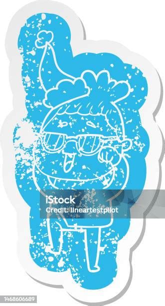 산타 모자를 쓰고 안경을 쓴 행복한 여자의 기발한 만화 고민 스티커 낙서 드로잉에 대한 스톡 벡터 아트 및 기타 이미지 낙서 드로잉 데칼 만화 Istock