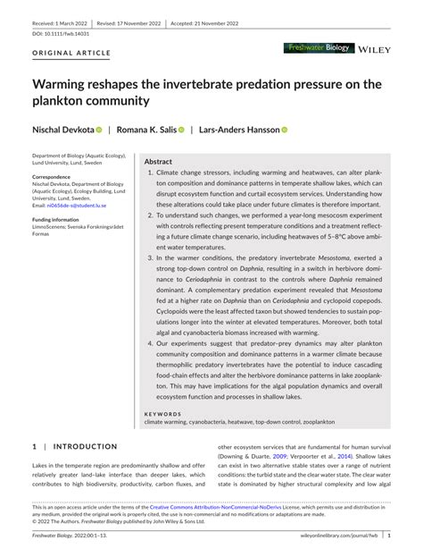 Pdf Warming Reshapes The Invertebrate Predation Pressure On The Plankton Community