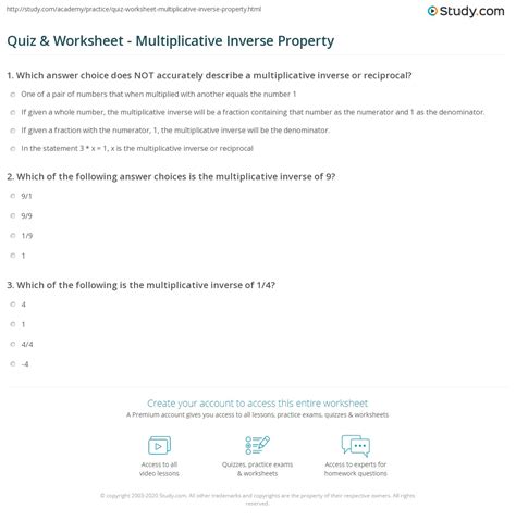 Quiz Worksheet Multiplicative Inverse Property Study Worksheets Library