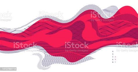 붉은 색 전통적인 스타일 디자인 물결 모양과 산 지형 풍경 바다 라인처럼 Runny에 추상 동양 일본 예술 벡터 배경 0명에 대한 스톡 벡터 아트 및 기타 이미지 Istock