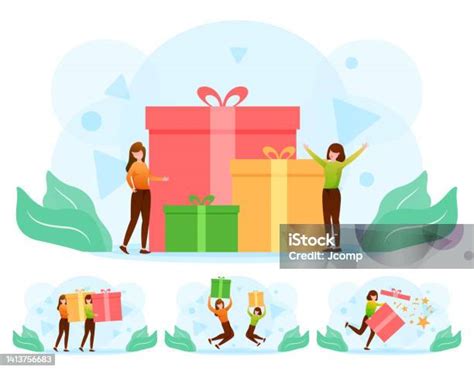 만화 젊은 여성은 선물 상자를 받았습니다 소녀는 큰 선물 놀라움을 엽니 다 벡터 문자형 일러스트 레이 션 개체 그룹에 대한 스톡 벡터 아트 및 기타 이미지 Istock