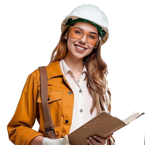 Female Engineer With Plan Of Wearing Orange Color Kit Isolated On A White Background Premium