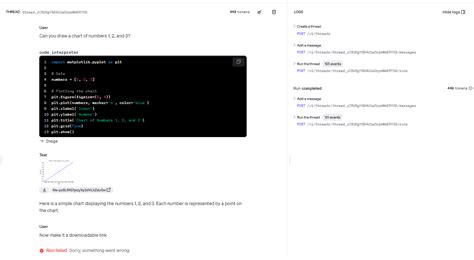 issue with persistent thread runs using assistants api with code