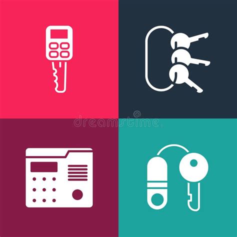 Set Pop Art House With Key Intercom System Bunch Of Keys And Car Remote Icon Vector Stock