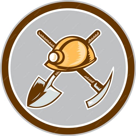 Minero Casco Pala Pico Hacha Círculo Retro Vector Premium