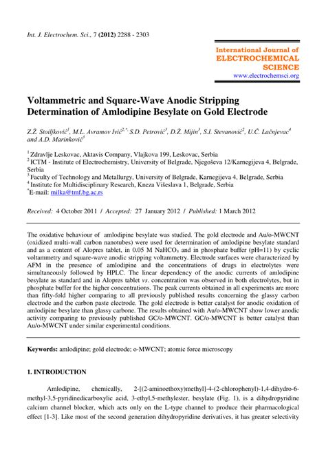 Pdf Voltammetric And Square Wave Anodic Stripping Determination Of Amlodipine Besylate On Gold