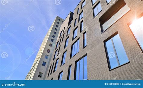 Perspective View Of Geometric Angular Concrete Windows On The Facade Of A Modernist Brutalist
