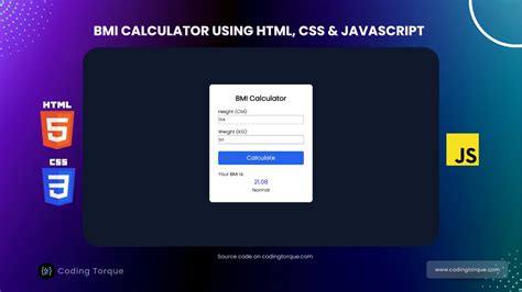 Bmi Calculator Using Html Css And Javascript Coding Torque Coding