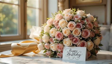 Elegant Birthday Flower Bouquet With Pink And Cream Roses Gold Ribbon