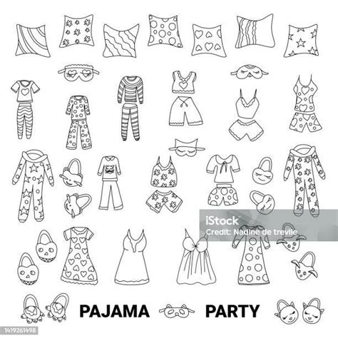 파자마 파티와 어린이 침실 디자인을위한 낙서 스타일의 그림 세트 아이들을위한 템플릿 잠자는 파티 낙서 스타일로 손으로 그린 스케치의 그림 좋은 수면을위한 요소색칠 공부 책