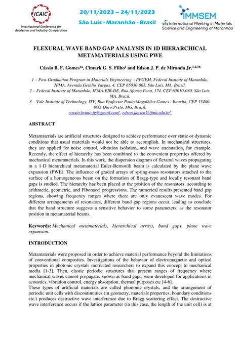 Pdf Flexural Wave Band Gap Analysis In 1d Hierarchical Metamaterials