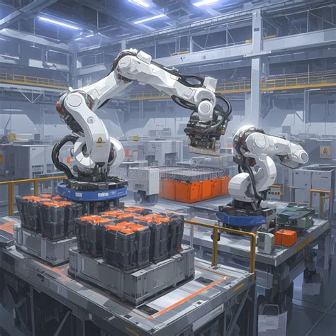 Industrial Robots In Action High Tech Manufacturing Environment Stock