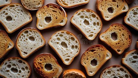 Toasted Bread Slices Arranged On Brown Surface Creating Visually Appealing Pattern Stock