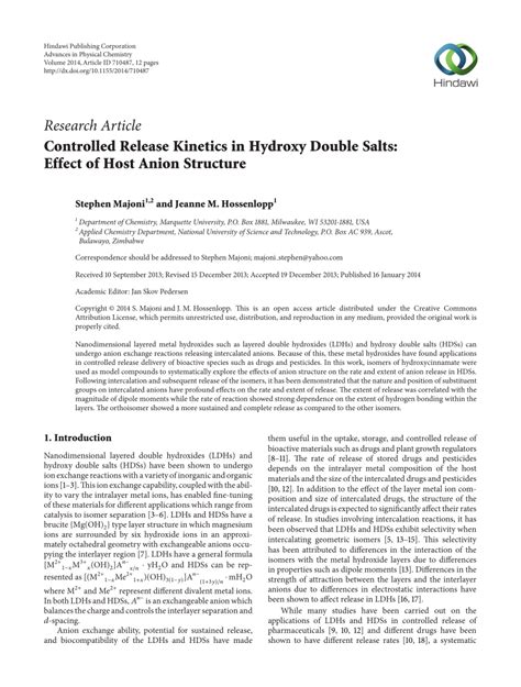 Pdf Controlled Release Kinetics In Hydroxy Double Salts Effect Of Host Anion Structure