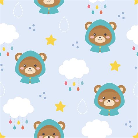 귀여운 곰과 비 원활한 패턴 프리미엄 벡터