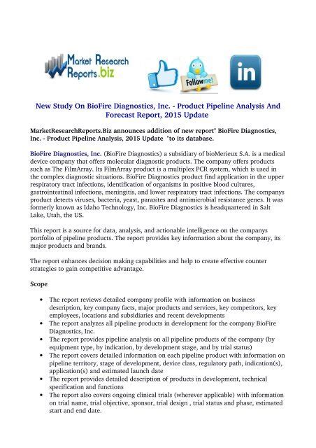 Biofire Diagnostics Inc Product Pipeline Analysis 2015 Update