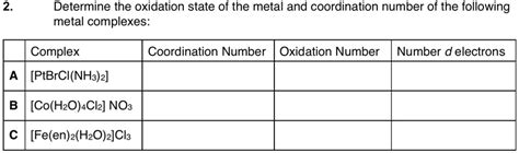 Solved Determine The Oxidation State Of The Metal And Coordination Number Of The Following