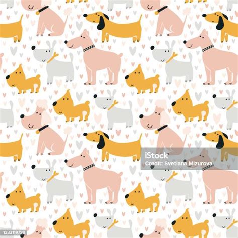 개 패턴 귀여운 매끄러운 인쇄 직물 디지털 종이에 인쇄 배경 어린이 사진 앨범 테마 파티를 장식하기위한 보편적 인 디자인 벡터 일러스트레이션 손으로 그린 강아지 개에 대한