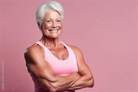 Portrait Of Elderly Smiling Woman With A Highly Muscular Physique Old
