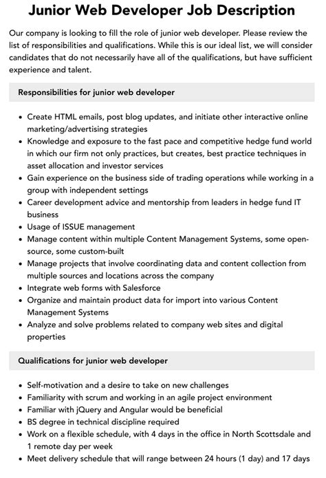 Junior Web Developer Job Description Velvet Jobs