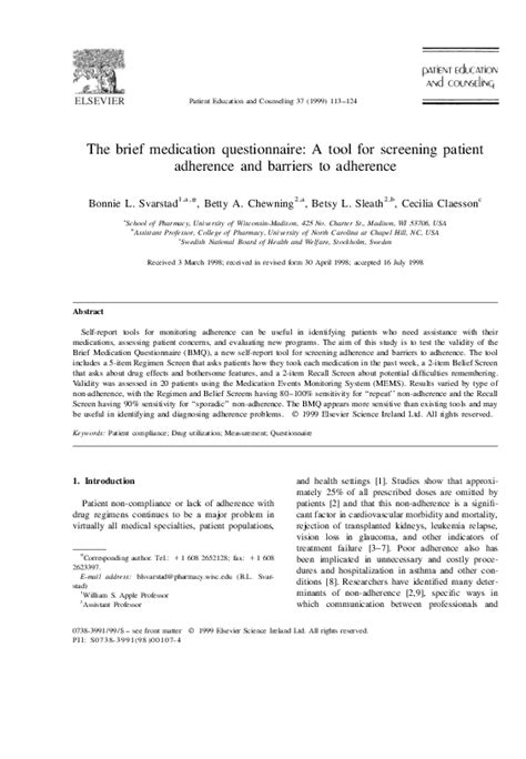 Pdf The Brief Medication Questionnaire A Tool For Screening Patient Adherence And Barriers To