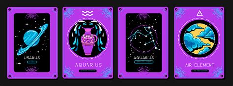 점성술 물병자리 조디악 사인 특성과 형광 만화 마법 마법 카드 세트 벡터 일러스트 레이 션 고풍스런에 대한 스톡 벡터 아트 및 기타 이미지 Istock