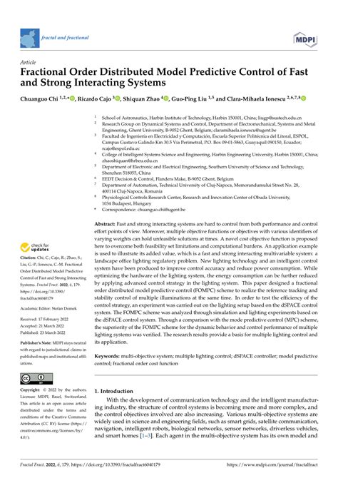 Pdf Fractional Order Distributed Model Predictive Control Of Fast And Strong Interacting Systems