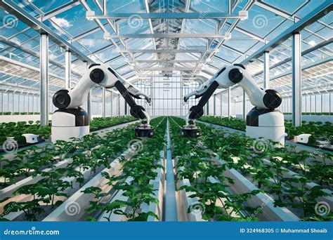 High Tech Robotic Greenhouse Clear Glass Ceiling Robotic Arms Tending Plants Futuristic