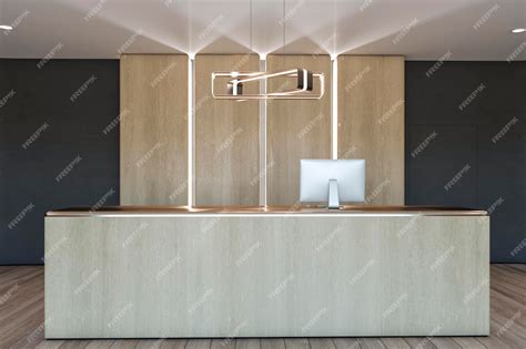 현대적인 목조 및 콘크리트 사무실 로비 인테리어 대기실 및 호텔 개념 3d 렌더링 프리미엄 사진