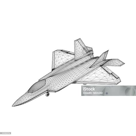 전투 전투기 와이어 프레임은 흰색 배경에 고립 된 검은 선에서 나온 것입니다 아이소메트릭 뷰 3d 벡터 일러스트레이션 와이어 프레임 모델에 대한 스톡 벡터 아트 및 기타