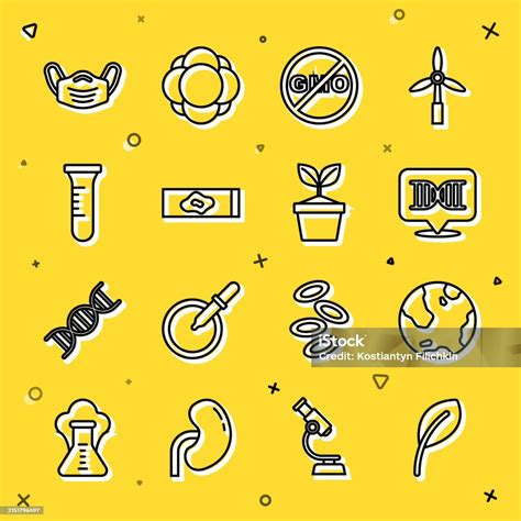 세트 라인 잎 또는 잎 지구 지구 Dna 기호 Gmo 없음 혈액 검사 및 바이러스 시험관 플라스크 의료 보호 마스크 및 냄비 아이콘에 식물 벡터 Dna에 대한 스톡 벡터