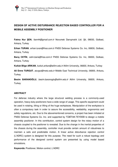 Pdf Design Of Active Disturbance Rejection Based Controller For A Mobile Assembly Positioner