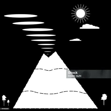 검은 배경에 잠자는 화산의 흰색 실루엣입니다 분화구에서 연기를 방출합니다 스톡 벡터 일러스트 산 풍경입니다 분화의 시작 기체 물리 구조에 대한 스톡 벡터 아트 및 기타