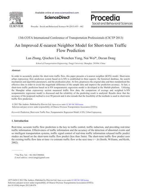 Pdf An Improved K Nearest Neighbor Model For Short Term Traffic Flow