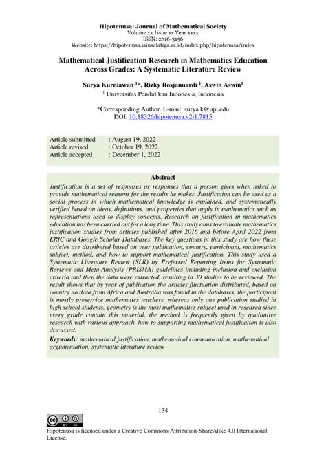 Pdf Mathematical Justification Research In Mathematics Education