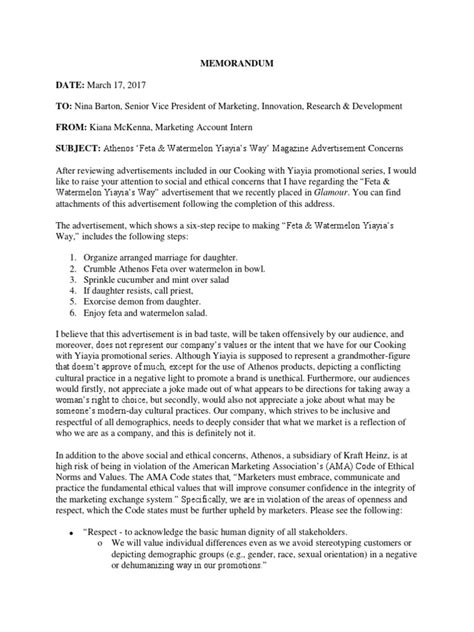 Mktg 315 Ethics Memo Pdf Pdf Value Ethics Advertising