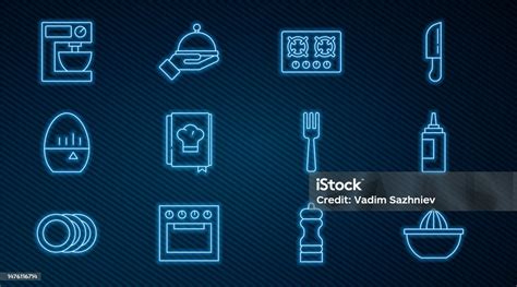 세트 라인 감귤류 과일 과즙 짜는기구 소스 병 가스 렌지 요리 책 주방 타이머 전기 믹서 포크 및 트레이 아이콘으로 덮여 있습니다 벡터 가리기에 대한 스톡 벡터 아트 및