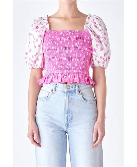 English Factory Womens Contrast Floral Smocked Top Macys