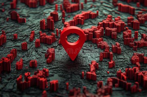 Digital Representation Of A Location Pin On A Textured Surface With Red Elements Stock