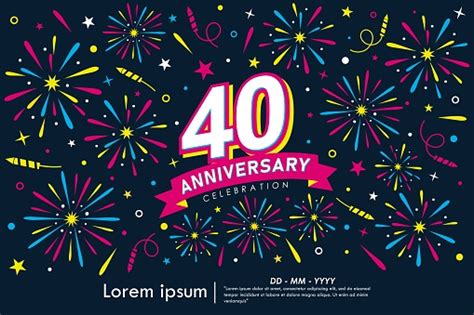 창립 40주년 기념 엠블럼 축하 기념일 로고는 화려한 불꽃 놀이와 별이 반짝이고 리본으로 격리되어 있습니다 웹 전단지 포스터 인사말 카드에 대한 벡터 일러스트 레이 션