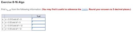 solved exercise 8 16 algo find tα df from the following