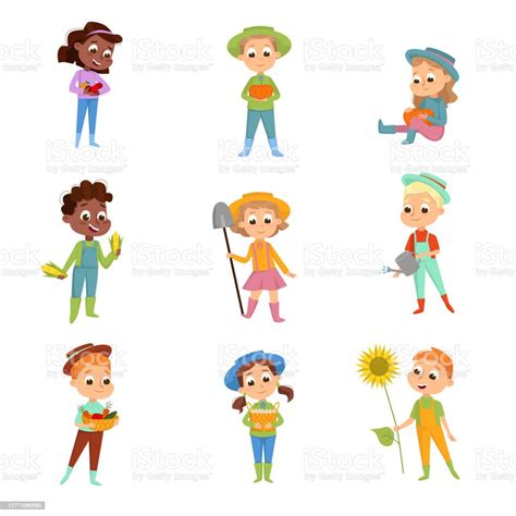농장 세트 원예 도구 만화 스타일 벡터 일러스트와 농장 세트 소년과 소녀 농부 캐릭터에서 작업 귀여운 아이들 농부에 대한 스톡 벡터 아트 및 기타 이미지 Istock