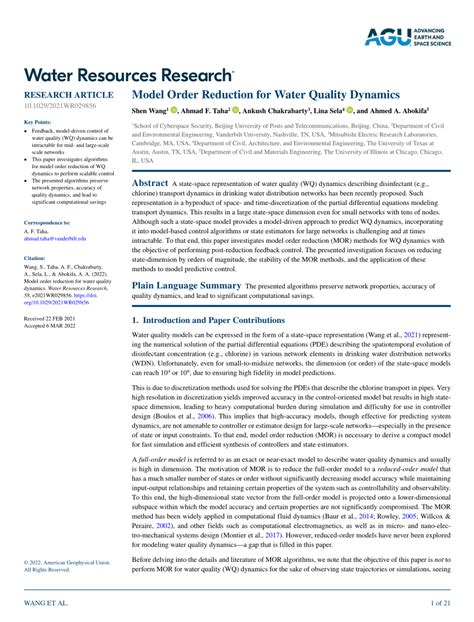 Model Order Reduction For Water Quality Dynamics Request Pdf