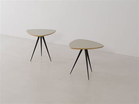 Italian Triangular Wooden Tables With Iron Spiked Legs 1950s Set Of 2
